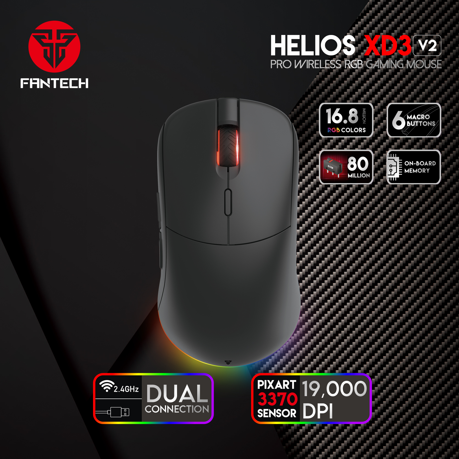FANTECH HELIOS XD3V2 Wireless Gaming Mouse PIXART 3370 19000 DPI RGB ...
