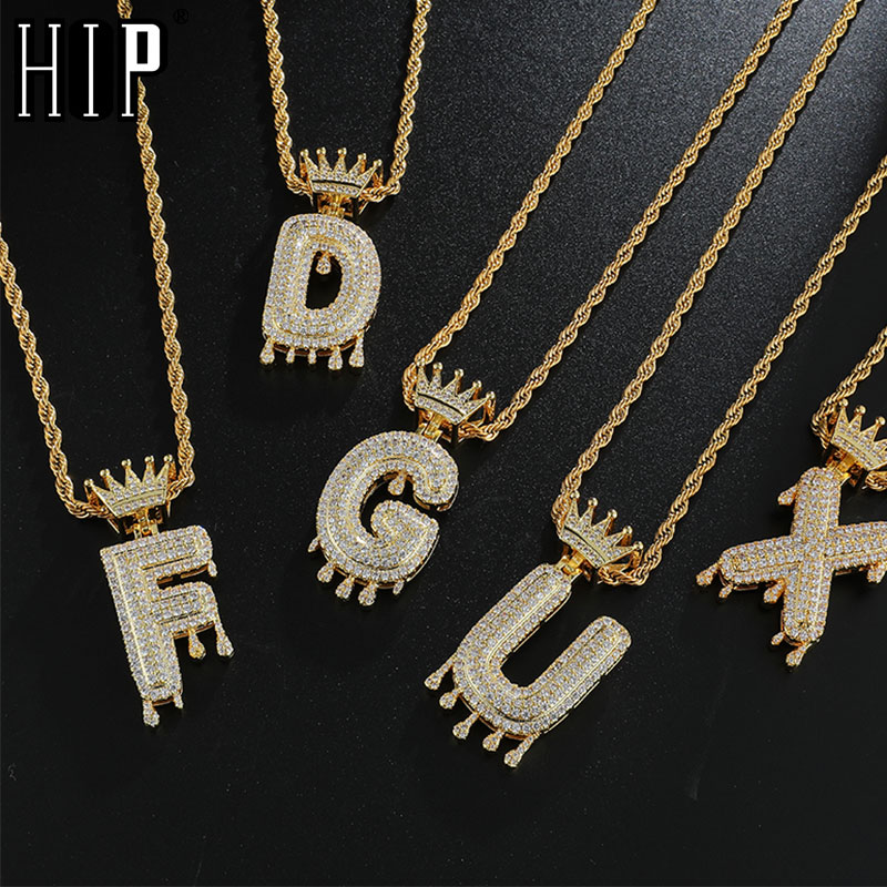Hip Hop Iced Out Bling Cubic A-Z Drip Crown Zircon Letters Necklaces ...