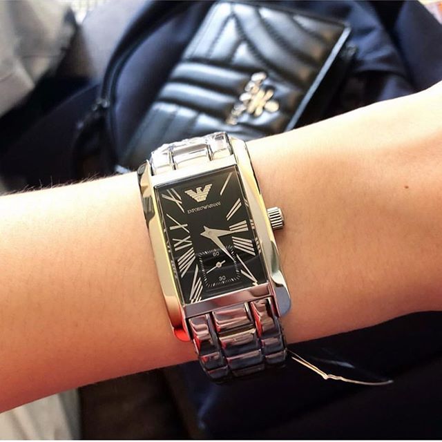 นาฬิกาข้อมือผู้หญิง AR0157 Emporio Armani Black Dial Silver Tone ...