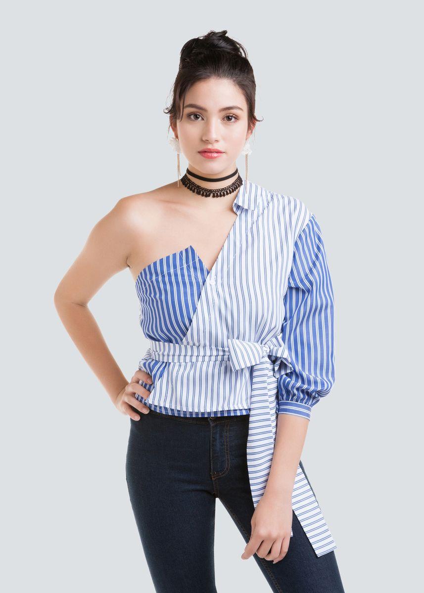 Blue White Striped One Shoulder Top - AFRIDAYSHOP - ThaiPick