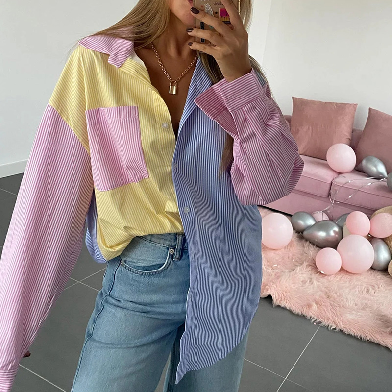 2021 Women's Shirt Contrast Color Patchwork Blouses And Shirts Single ...