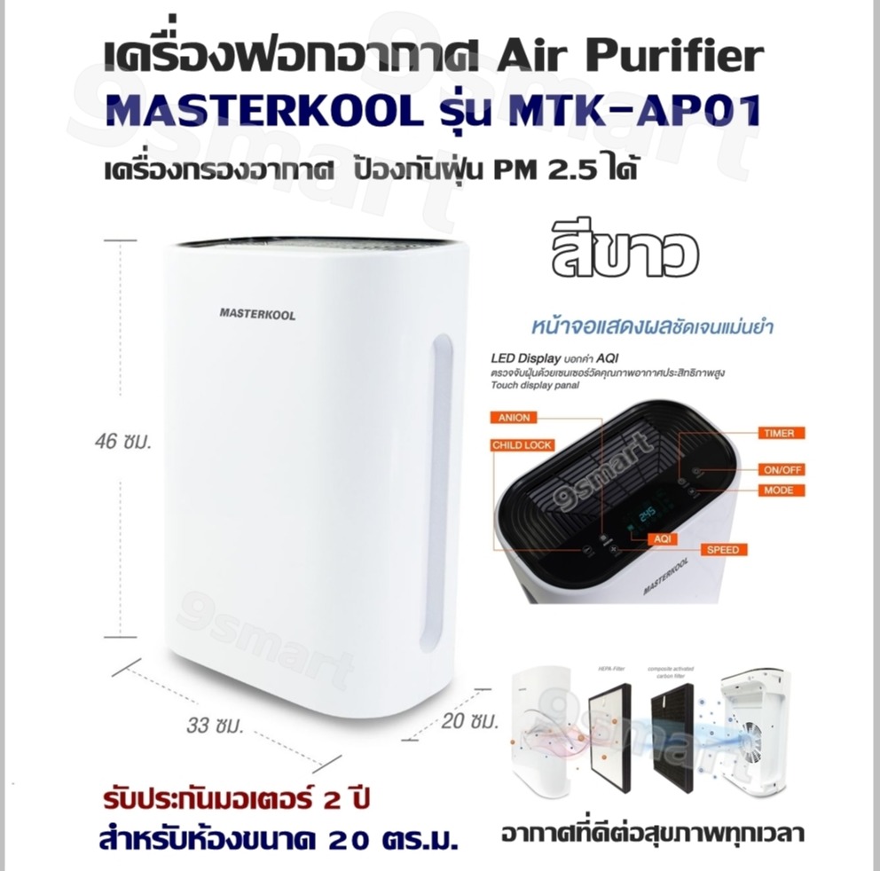 เครื่องฟอกอากาศ Air Purifier MASTERKOOL รุ่น MTK-AP01(สีขาว) เครื่องกรองอากาศ ป้องกันฝุ่น PM 2.5 ...