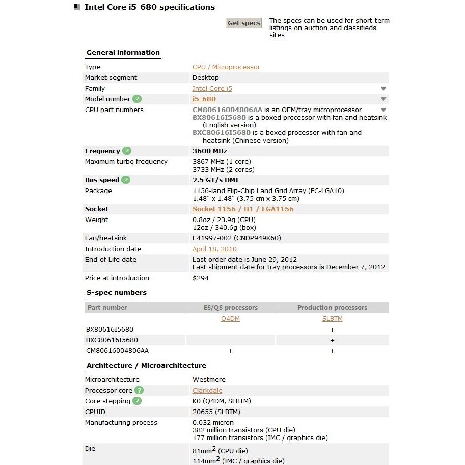 INTEL CORE i5-680 CPU i5 680 3.6GHz Dual-Core 73W 4M Socket LGA 1156 ...