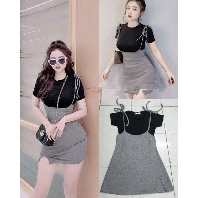 Set2ชิ้นเสื้อคอกลมผ้าร่องไหมพรมเล็ก+กระโปรงพื้นดำมีสายผูกผ้ายืด ด่วนก่อนหมด - Bam shop เสื้อผ้า ...