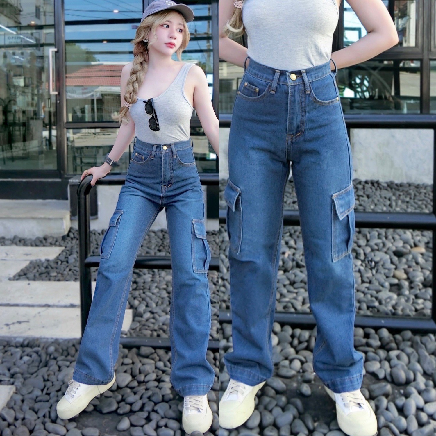 ส่งเร็ว กางเกงยีนส์ผู้หญิง no 120 ทรงกระบอก คาร์โก้ เอวสูง | Lazada.co.th