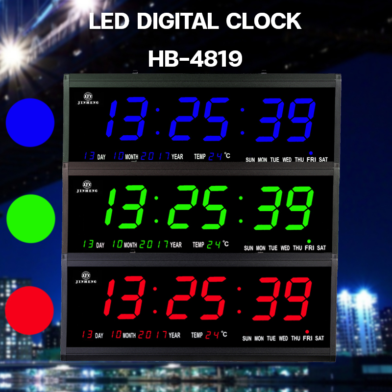Jinheng นาฬิกาแขวนจอแสดงผลดิจิตอล LED HB-4819 สีแดง สีฟ้า สีเขียว สีขาว ...
