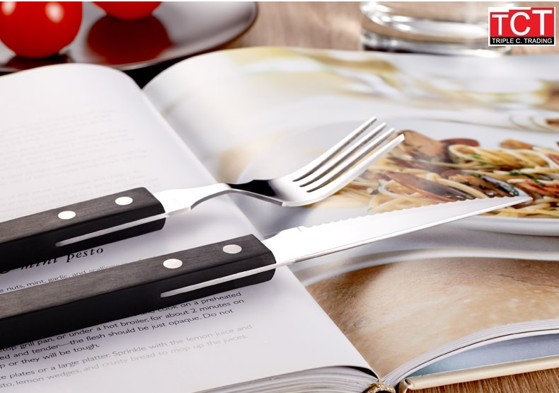 ช้อม ส้อม มีดสเต็ก สแตนเลส ด้ามไม้ สีดำ - Triple C Trading. - ThaiPick