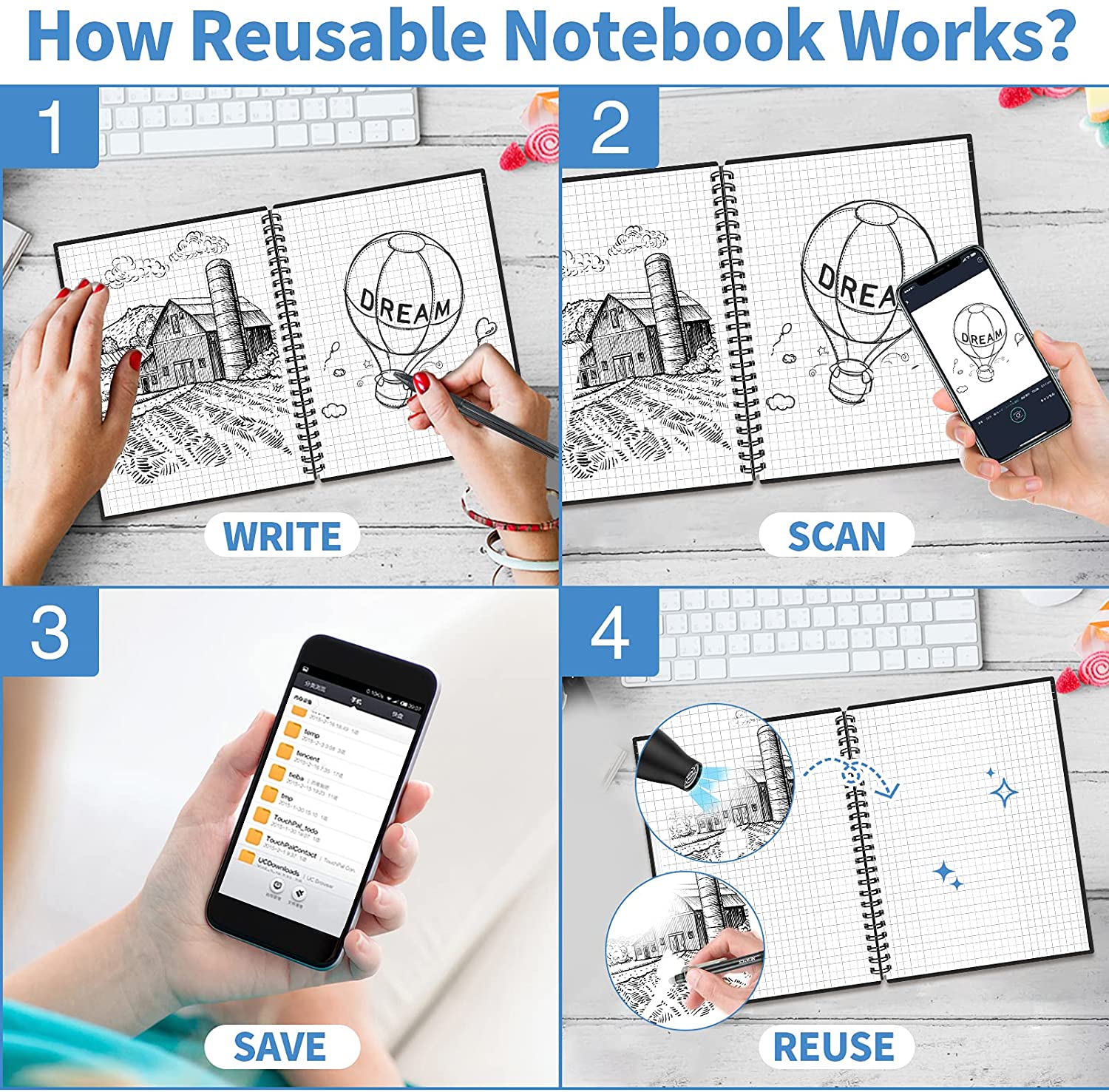 A4 Blank page Erasable Reusable Smart Writing Notebook Black Waterproof ...