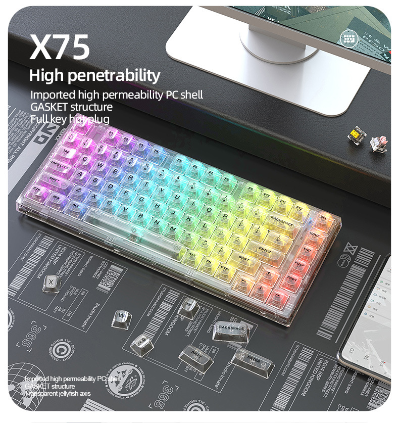 XINMENG X75 RGB Mechanical keyboard คีบอร์ดเกมมิ่งโปร่งใส คีย์บอร์ดเชิงกลแบบมีสาย แป้นพิมพ์คอม ...
