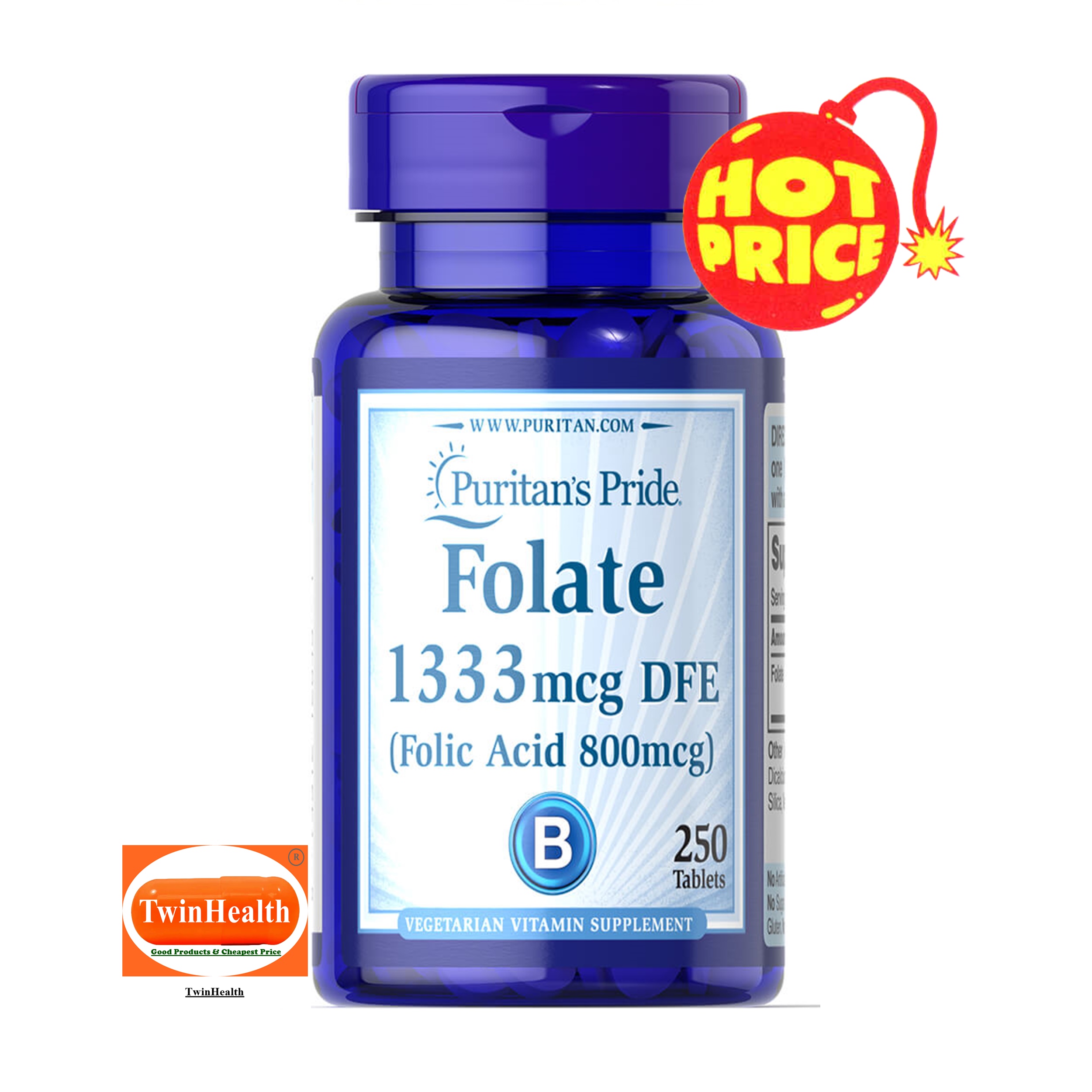 Puritan's Pride Folate 1333 mcg DFE ( Folic Acid 800 mcg) / 250 Tablets ...