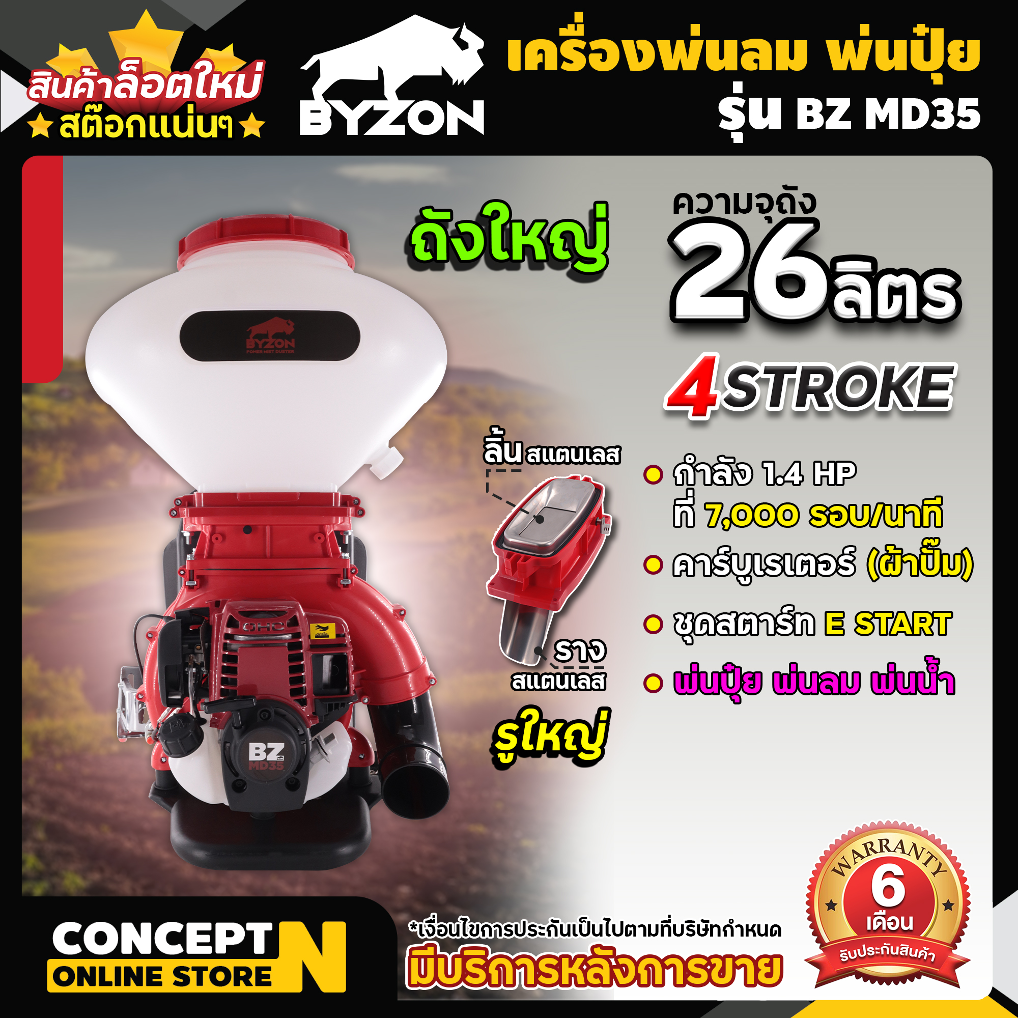 BYZON MD35 เครื่องพ่นลม พ่นปุ๋ย พ่นน้ำ รูใหญ่ ลิ้นและรางสแตนเลส ขนาด 26 ลิตร เครื่องหว่านปุ๋ย ...