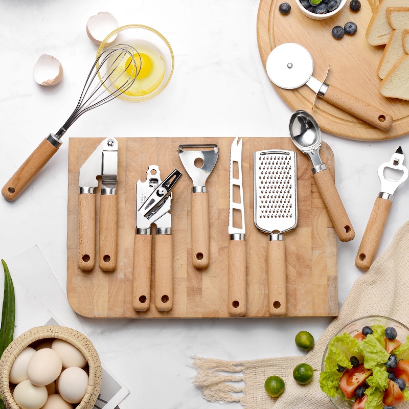 9 pc Stainless Steel Kitchen Gadget Set with Wood Handle Kitchen Tools ...