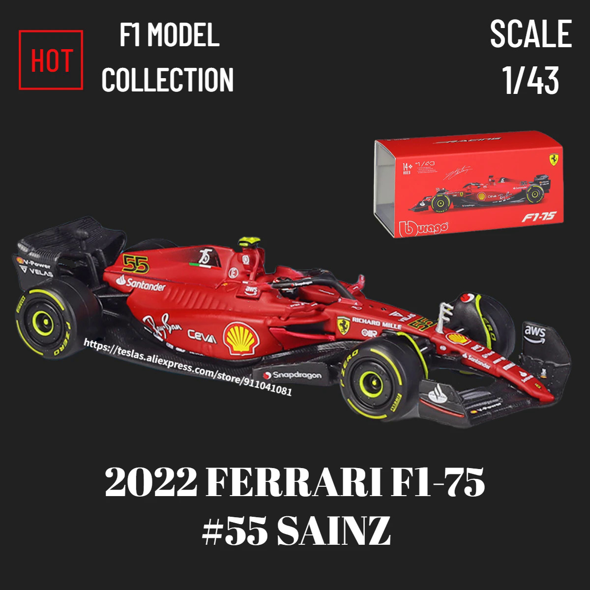 JGYBburago F1 2022รถรุ่นพร้อมตู้โชว์,75th Ferrari F175 Scale 1:43 Red ...