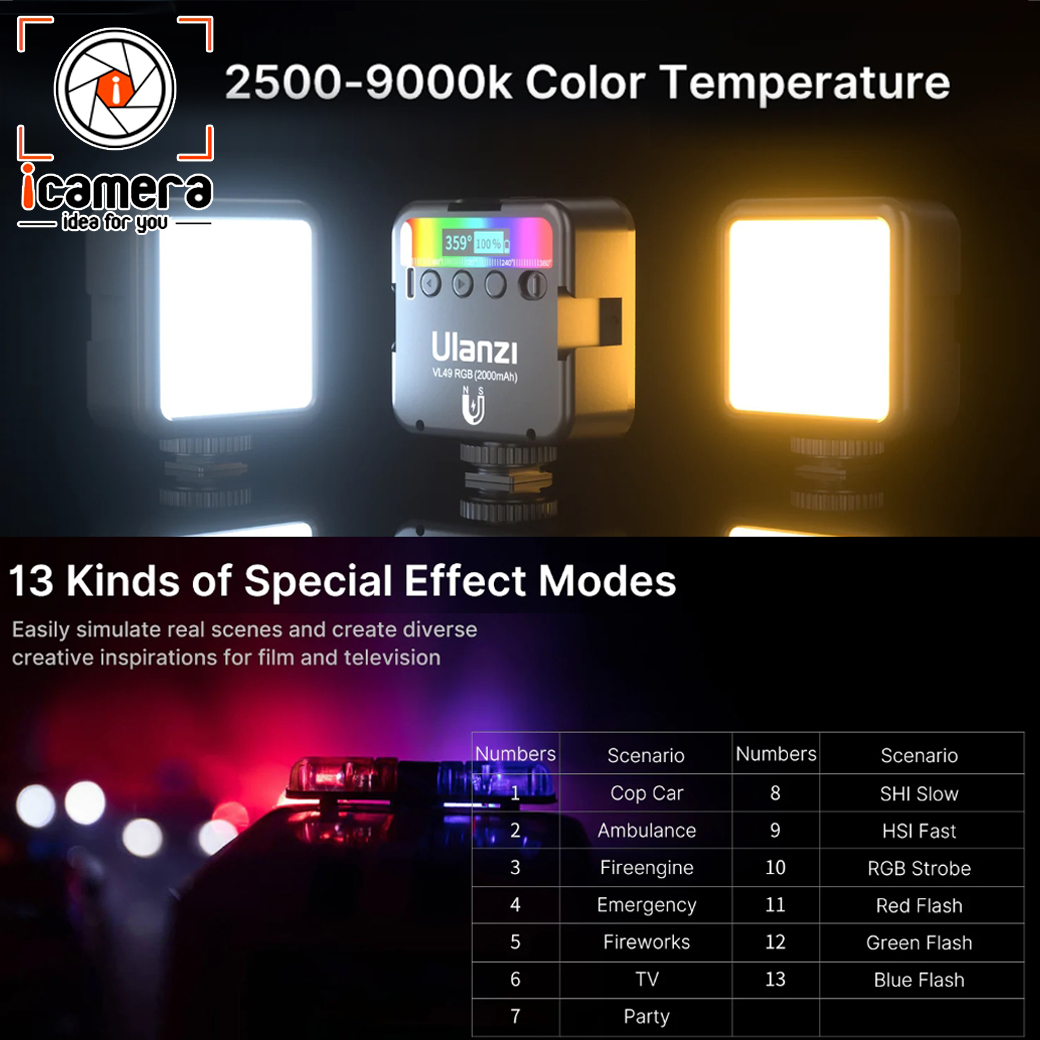 Ulanzi LED VL49 RGB 2500-9000K CRI>95 2000 mAh - ไฟ LED Video Light ไฟ ...