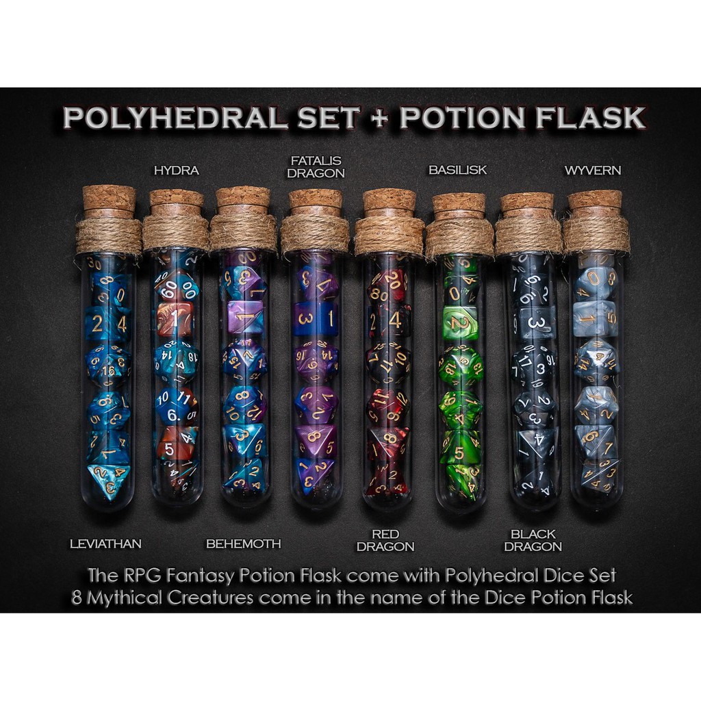 Polyhedral Dice Set of 7 with RPG Fantasy Potion Flask Dungeons and ...