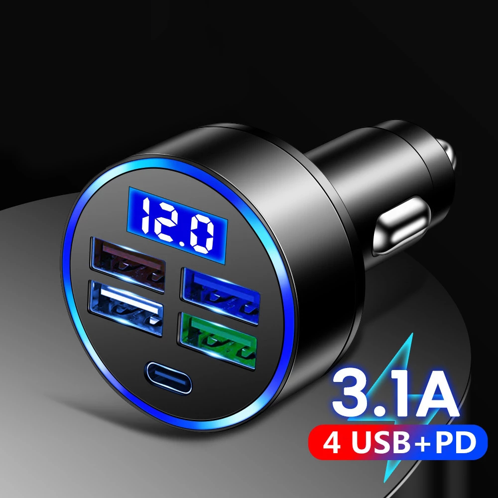 2023 NEW 4USB 1PD with LED Car Charger USB Fast Charge Charger QC3.0 Type C Charger PD Fast ...