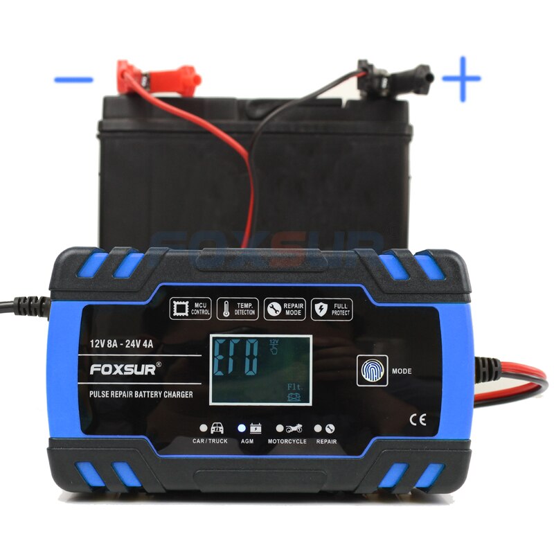 Foxsur เครื่องชาร์จ 12v 24v สลายซัลเฟตและฟื้นฟูแบตเตอรี่รถยนต์และรถ