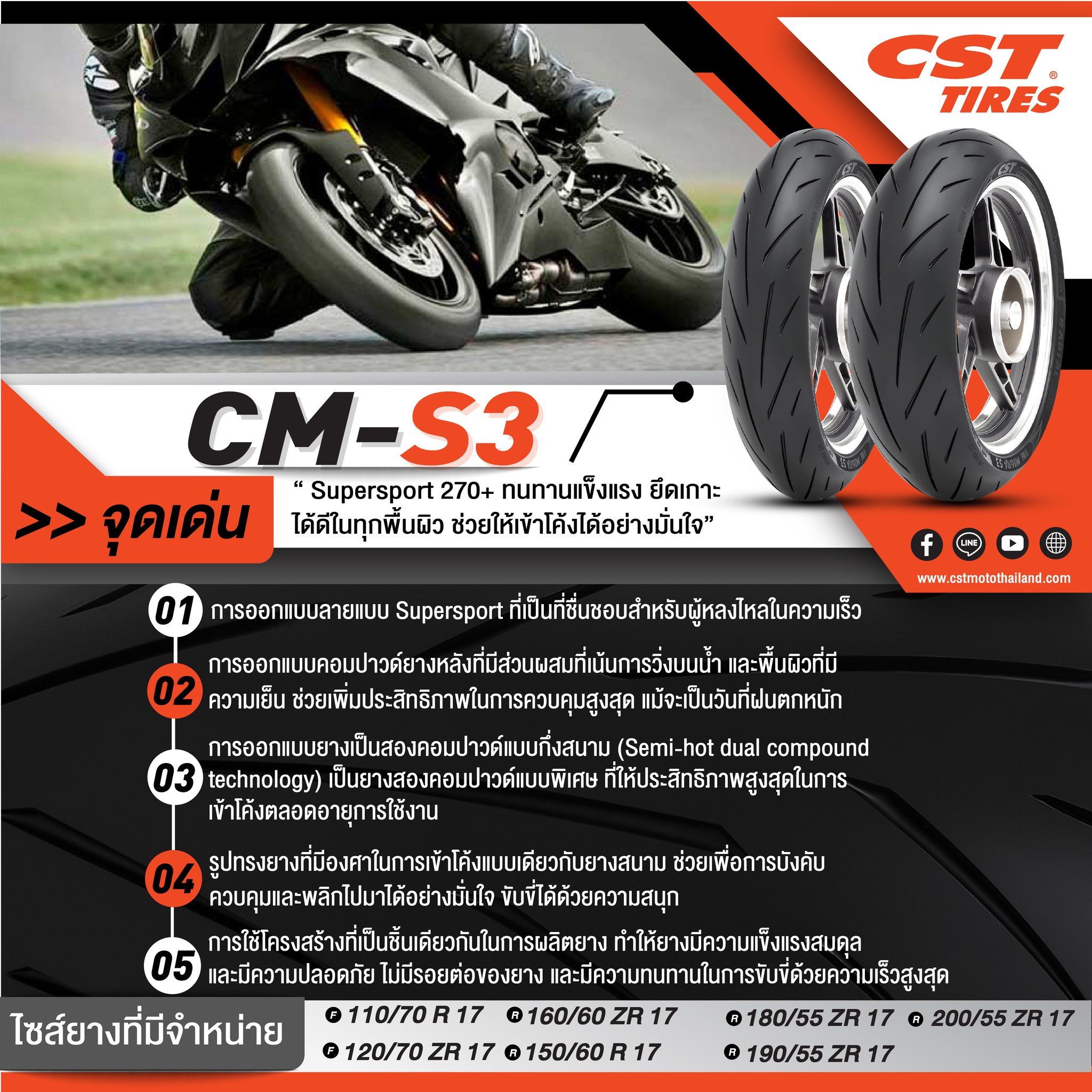 ยาง CST CM S3 ขนาด 120 160 180 ขอบ 17 ยางปี 20222023 ลายใหม่ - Proshop ...