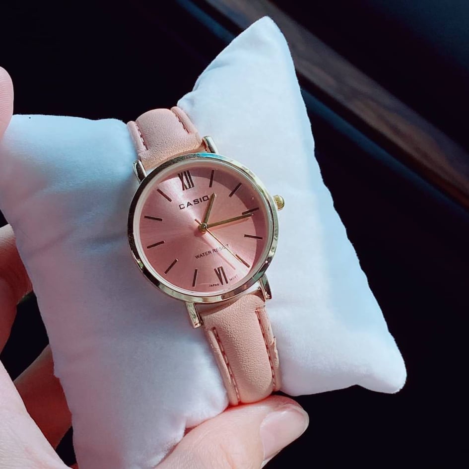 นาฬิกา Casio สายหนัง หน้าปัดชมพู่ สวยมาก สีหวานราคาถูก พร้อมส่ง แถมถ่าน