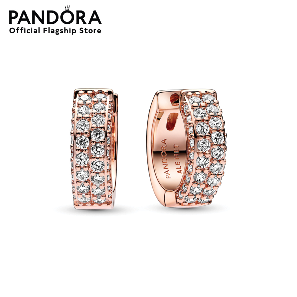 Pandora 14k Rose gold-plated hoop earrings with clear cubic zirconia ...