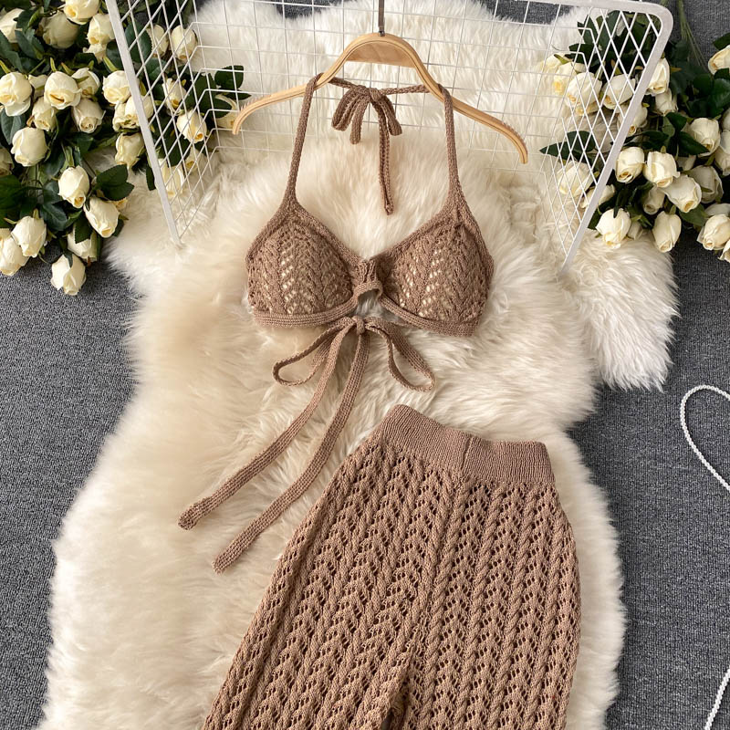Singreiny Women Summer Design Knitted Set Sexy Backless Halter Short