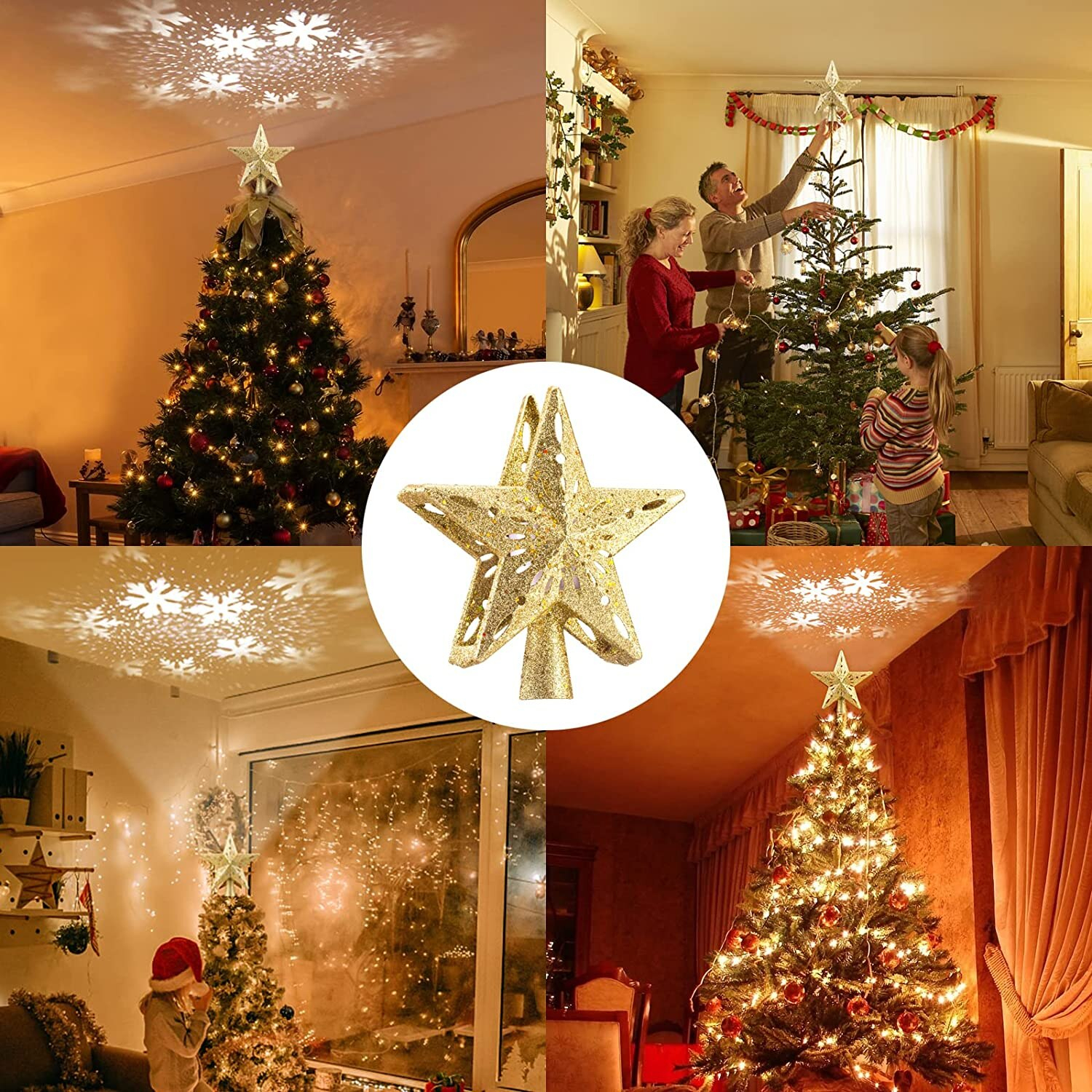 Christmas Tree Topper LED Star Projector 3D Glitter Hollow Star ...