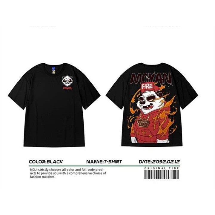 S-8XL คู่ฤดูร้อนสั้นเสื้อยืดผู้ชายและผู้หญิง Ins Super ความรู้สึก Little Flame Panda ฤดูร้อนห้า ...