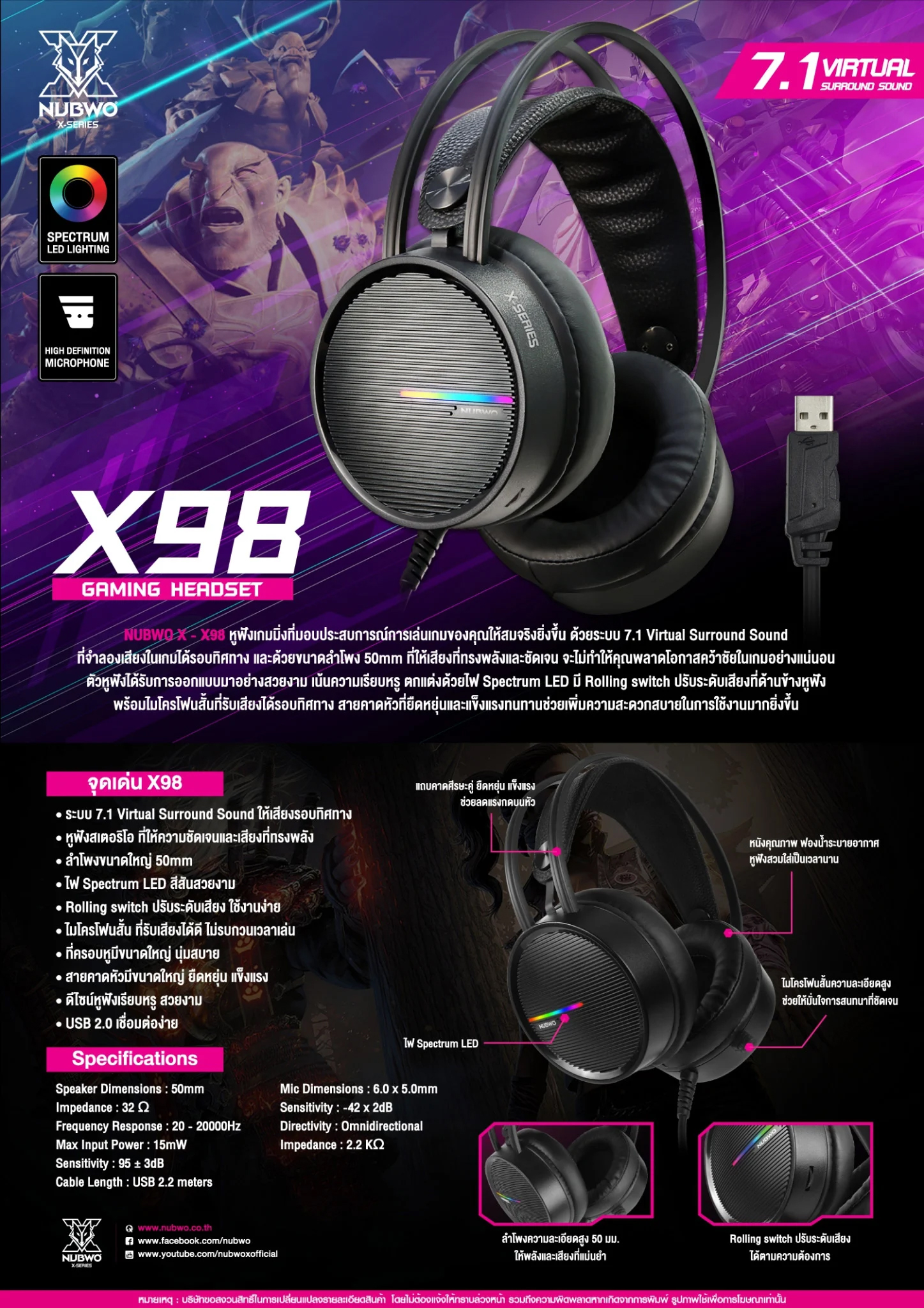 หูฟังเกมมิ่ง 7.1 NUBWO X98 หูฟังคอม Gaming headset USB Surround 7.1 รับ ...