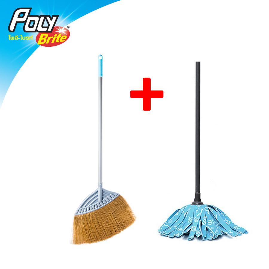 Poly-Brite ชุดซุปเปอร์ม็อบถูพื้นคอตตอน - ทรงแบน 25 cm + ไม้กวาดใหญ่ (สี ...