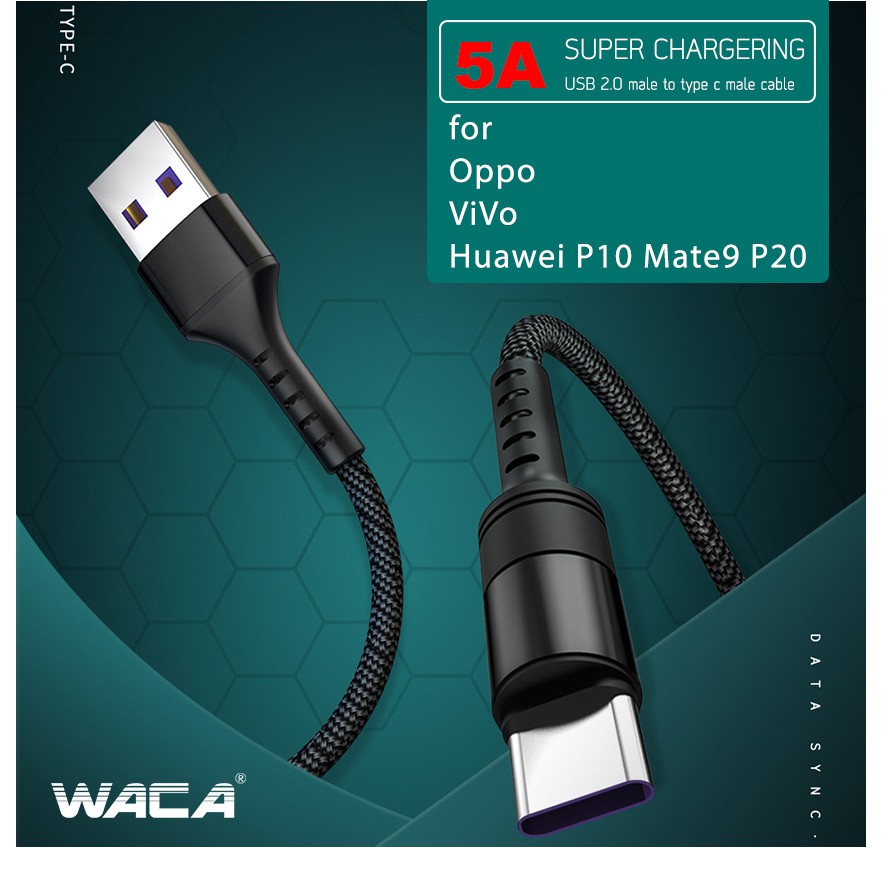 แฟลชไดร์ WACA สายชาร์จเร็ว Type C ไนล่อนถัก 5A USB Type-C OPPO,Huawei P30,P20 Pro,Mate 20 Pro ...