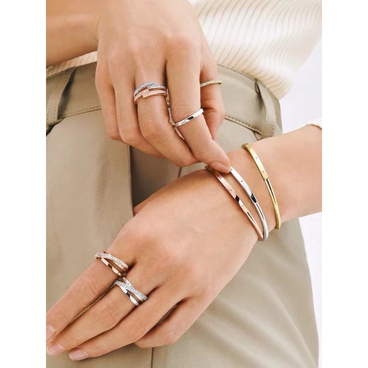 ส่งในไทยPandora เงิน925 14K เปิด สร้อยข้อมือ กำไล Classic Collection I-D(Open)Bracelet ของแท้ ...
