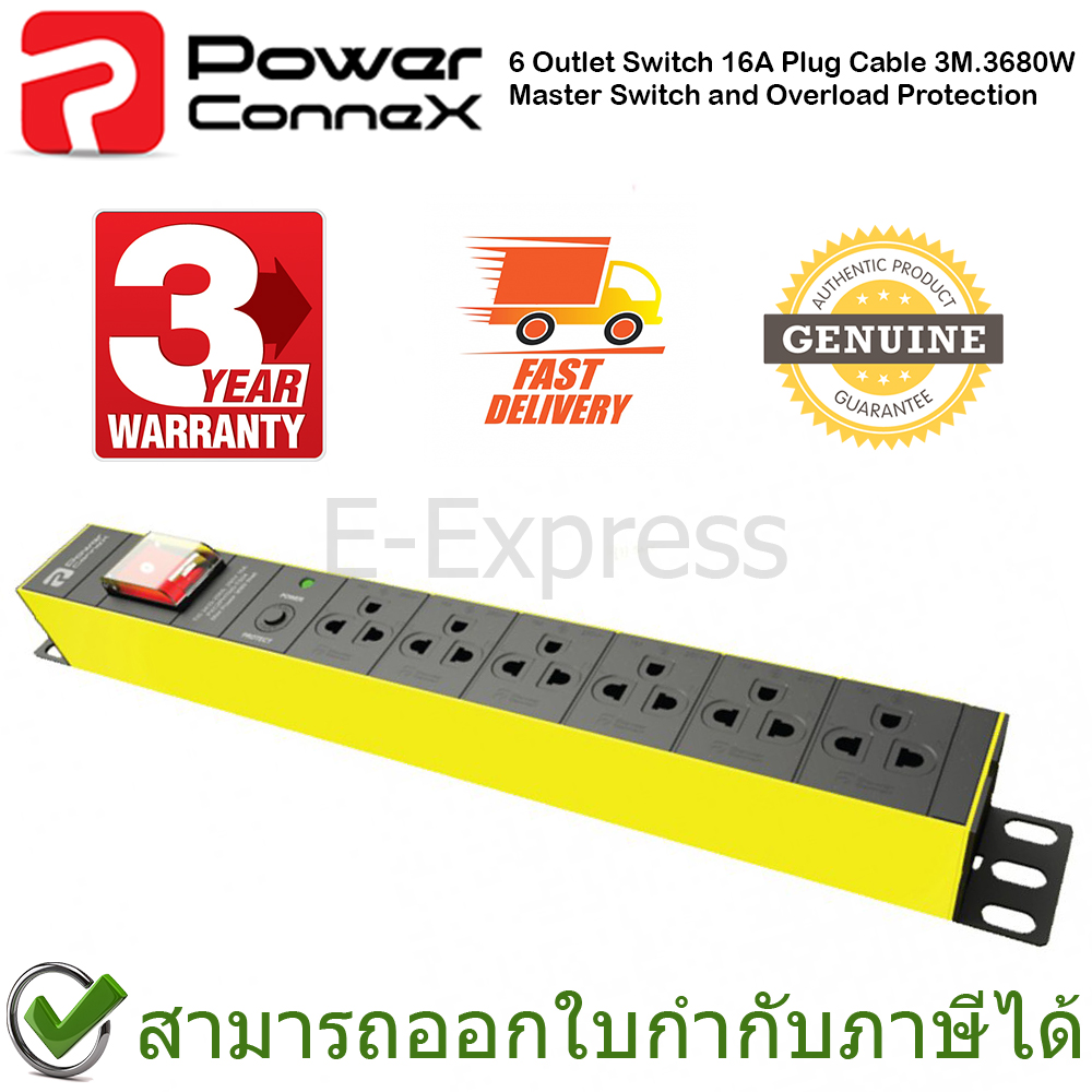 Power Connex 6 Outlet Switch 16A Plug Cable 3M 3680W With Master Switch & Overload Protection ...