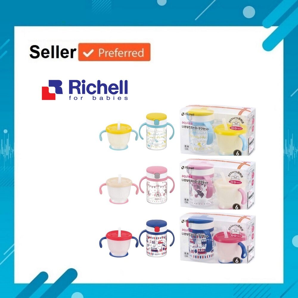 Richell Aqulea - Straw Bottle Mug Set ชุดถ้วยหัดดื่ม - Mombabyshark - ThaiPick