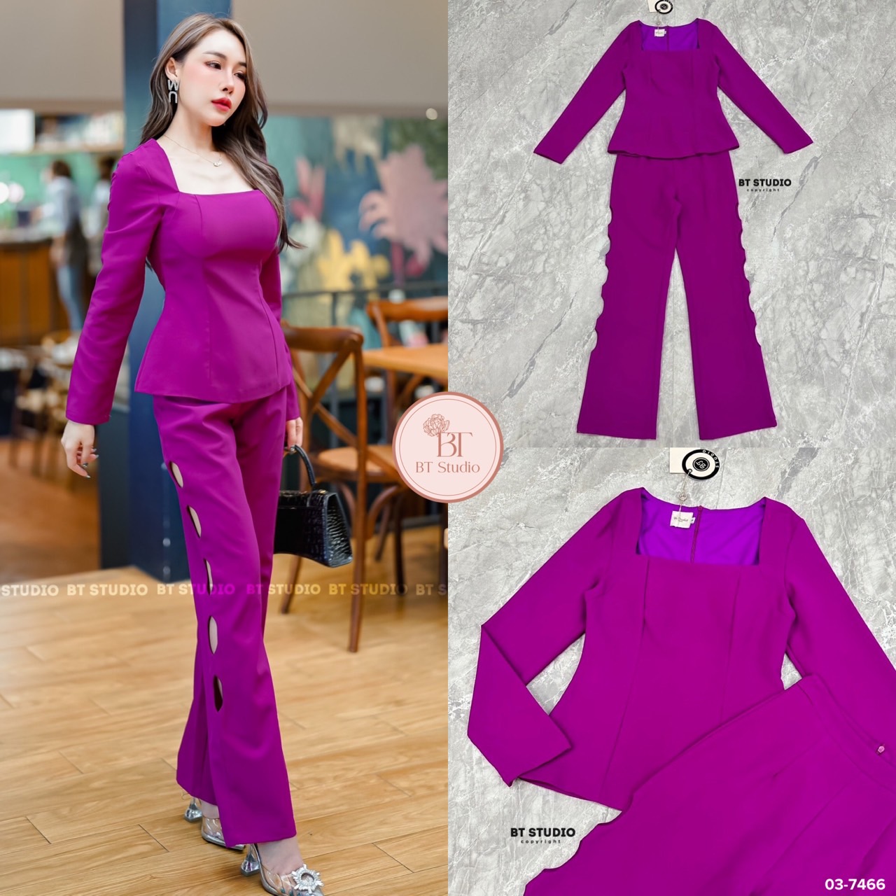 งานป้าย BT-Studio set 2ชิ้นเสื้อแขนยาวคอตัดสี่เหลี่ยมซิปหลัง แมทซ์กับกางเกงขายาวช่วงด้านข้างสลับ ...