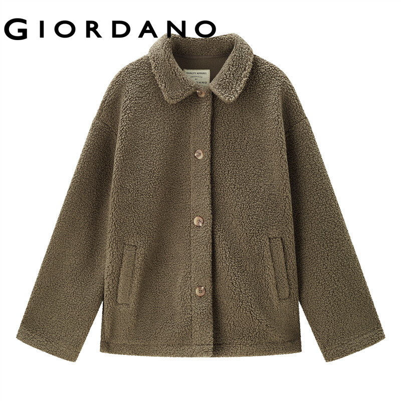 GIORDANO Women Coats Teddy Fleece Turn-Down Collar Casual Coats Drop ...
