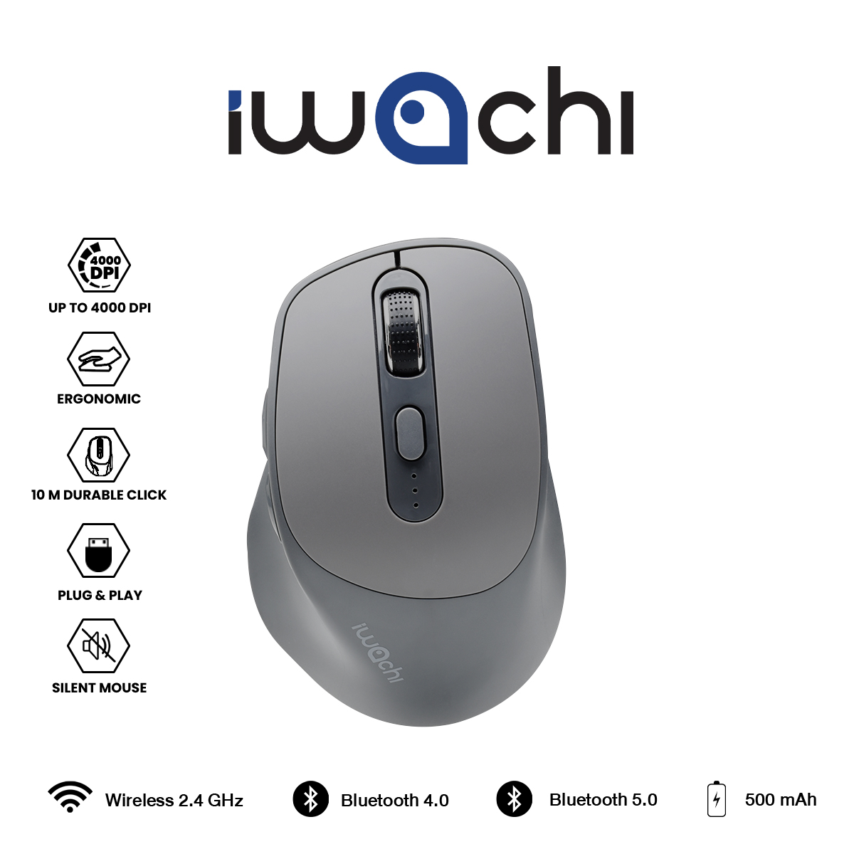 เมาส์ไร้สาย IWACHI i6 สีเทา ใช้งานได้หลายอุปกรณ์ เสียงคลิกเงียบ ไร้เสียงรบกวน ชาร์จแบตได้ ...