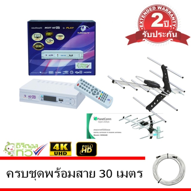 รีวิว MCOT กล่องดิจิตอล Set Top Box MCOT HD BOX รุ่น PLAY+PlanetComm Wing 8E Antenna พร้อมสาย 30 ...