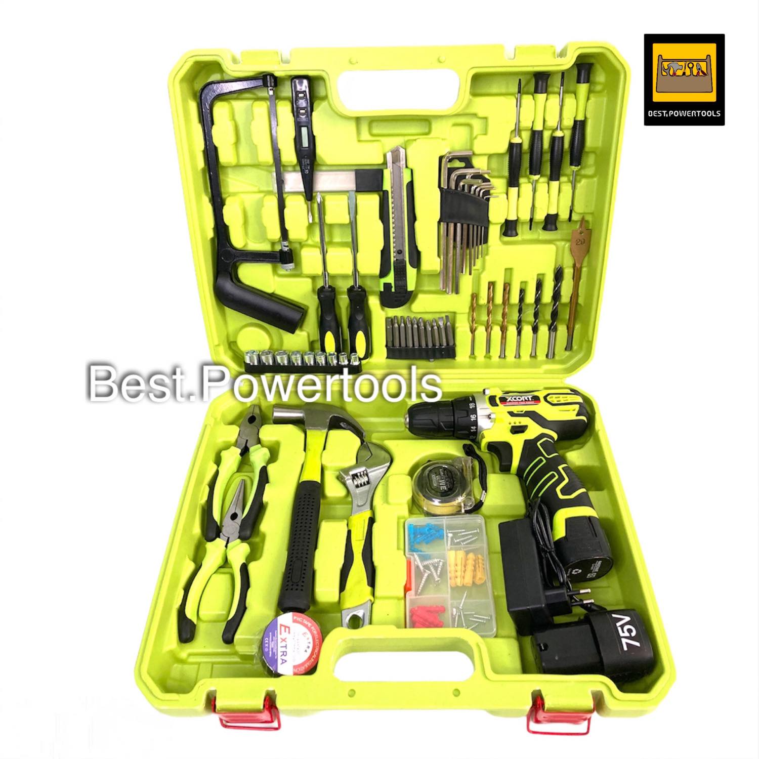 XCORT ชุดสว่านแบตไร้สาย 75V (แรงที่สุด) ปรับสปีดได้ พร้อมอุปกรณ์เครื่องมือช่างชุดใหญ่ - Best ...