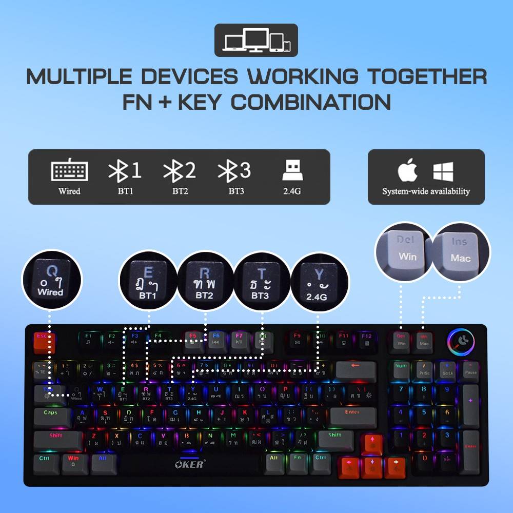 คีย์บอร์ดไร้สาย Oker K69 60 K500 TRI-Mode WiredWirelessBluetooth ...