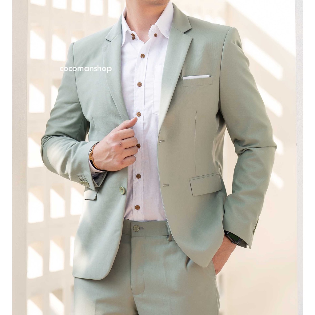 COCO-MAN ชุดสูทผู้ชาย สีเขียวพาสเทล เสื้อสูทกระดุม 2เม็ด มีกางเกงเข้า ...