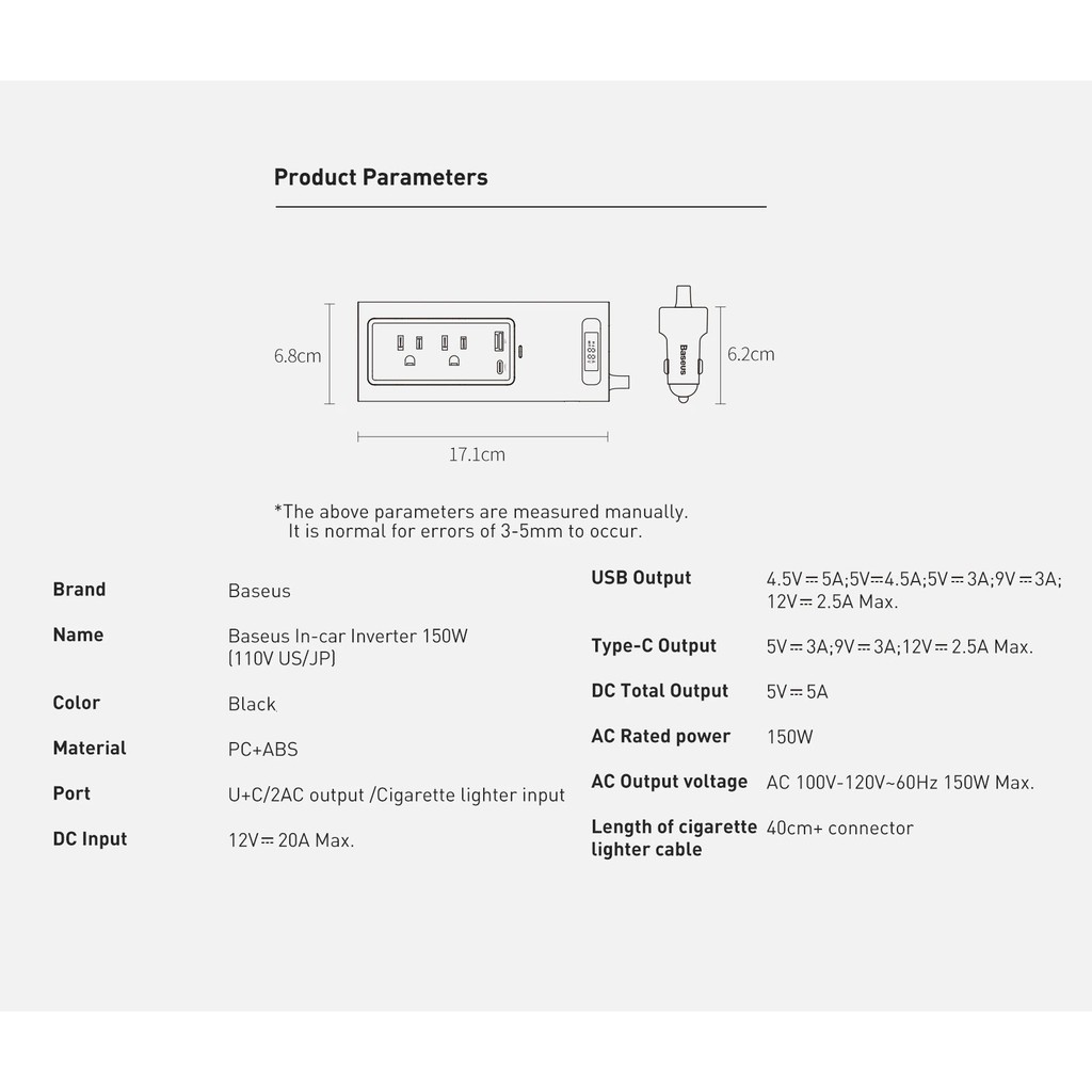 ถูกแท้Baseus เครื่องแปลงไฟรถเป็นไฟบ้าน อินเวอร์เตอร์ หม้อแปลงไฟ 12V 150W ปลั๊กพ่วงในรถ 2 AC ...