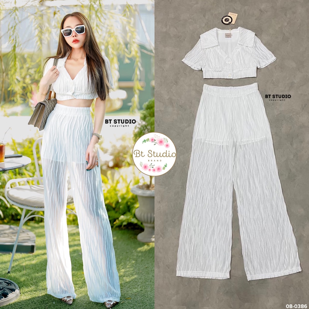 งานป้าย BT-Studio set 2ชิ้นเสื้อครอปสั้นแขนสั้นคอปก แต่งกระดุม 2เม็ด แมทซ์กับกางเกงขายาวมีซับใน ...