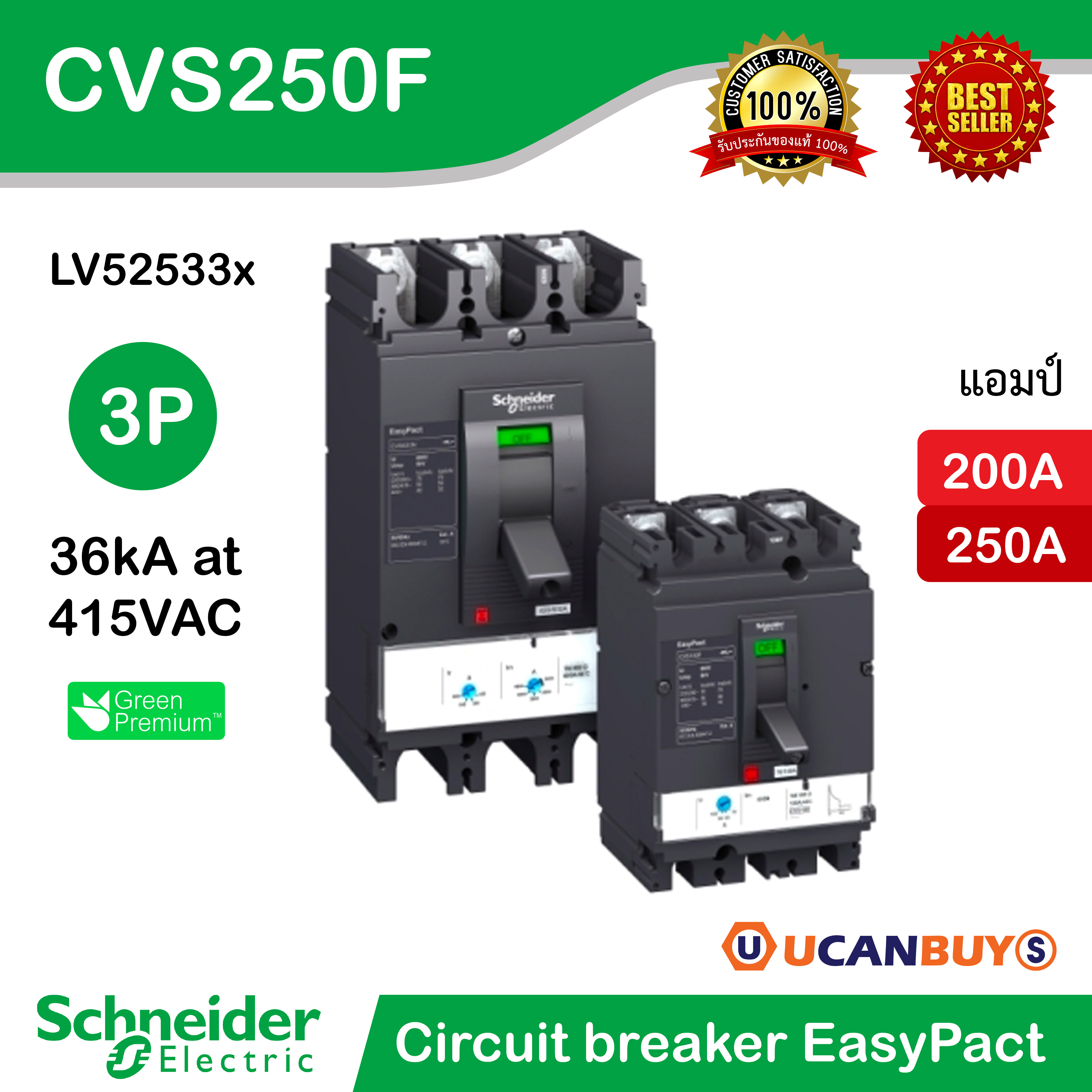 Schneider Circuit breaker EasyPact CVS250F, 36 kA at 415 VAC, 200 A / 250 A rating thermal ...