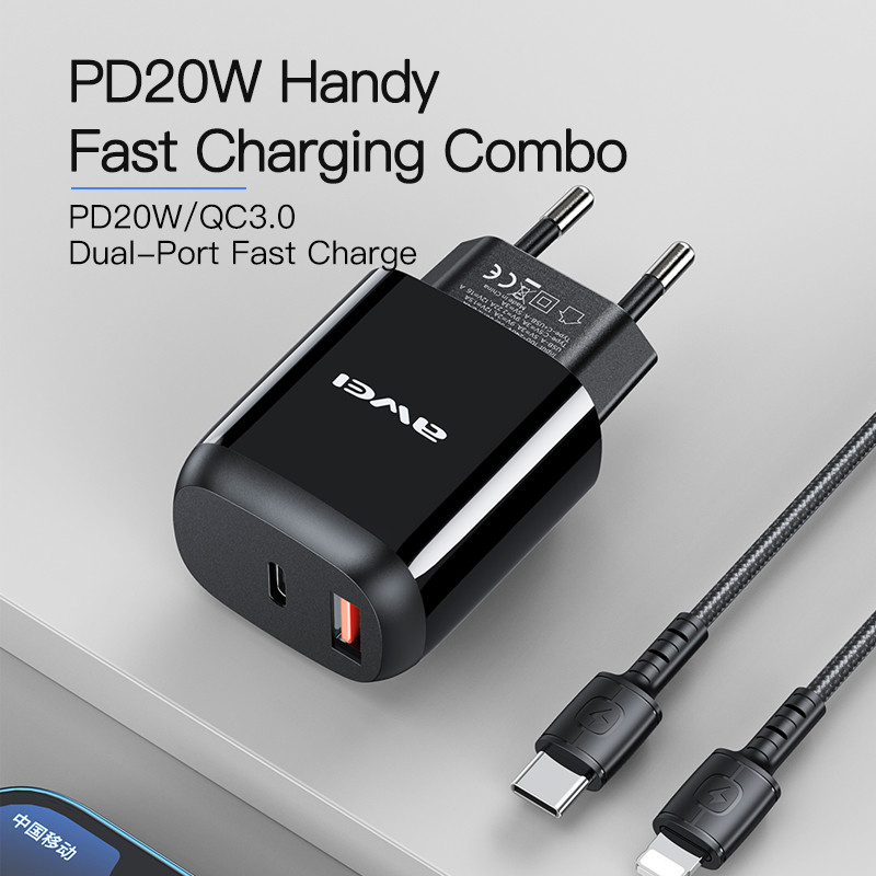 【ฟรี C-L 5A Data Cable】 Awei PD2 PD 20W Fast Charger ปลั๊ก EU แบบพกพา ...
