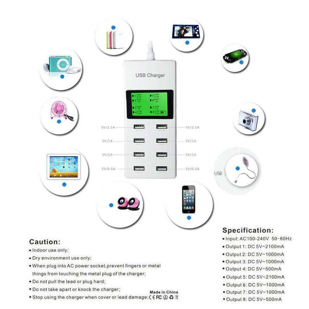8 Ports Phone Charger Multi Port USB Charging Socket LCD Display US ...