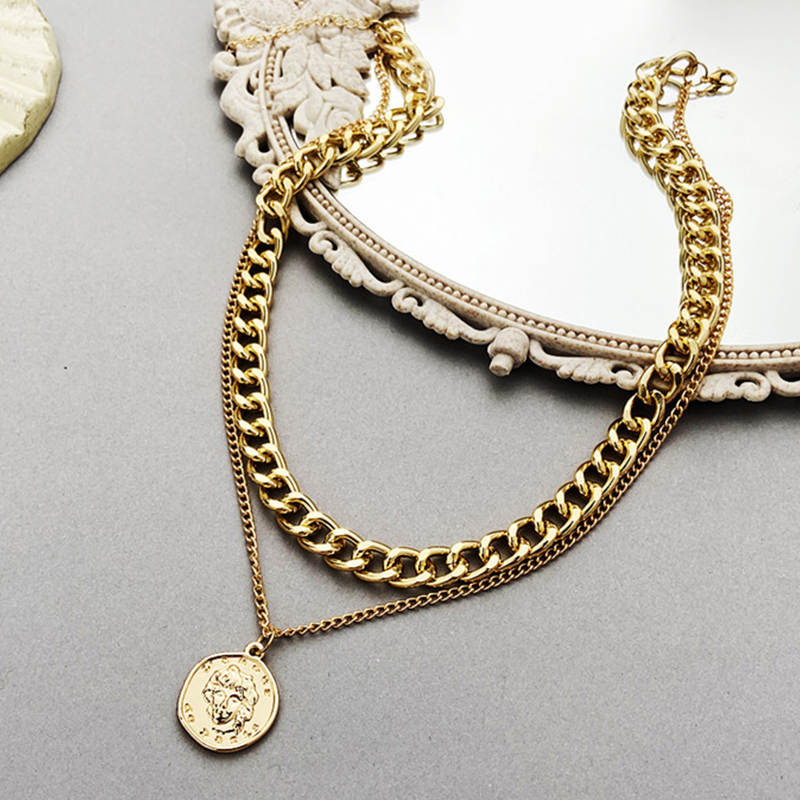 Multilayer Avatar Coin Pendant Necklace Fashion Gold Silver Chain Punk ...