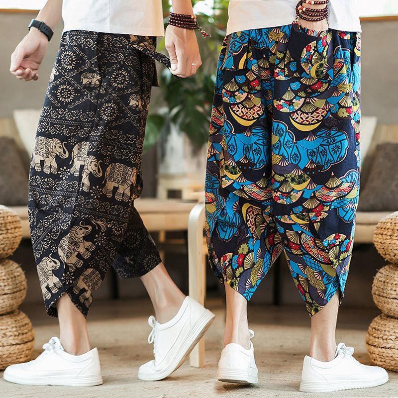 Chinese style linen harem pants cropped pants Japanese men's pants flax ...