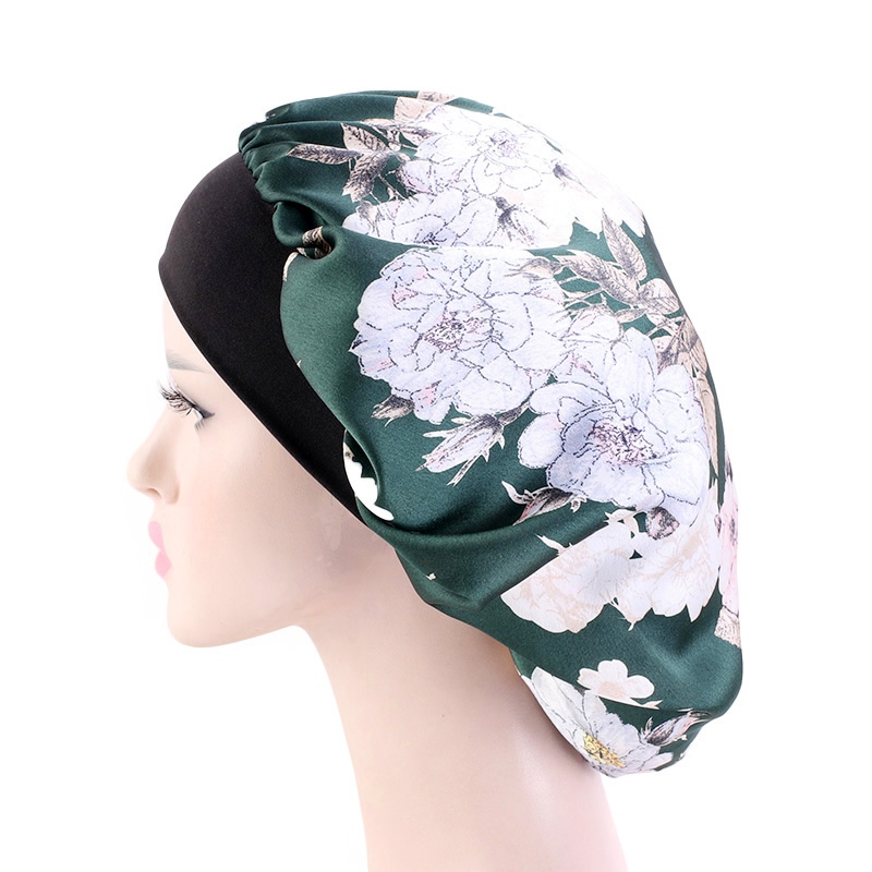 Satin Bonnets for Women Black Wide Elastic Band Floral Print Silky Headwrap Ladies Hair Cover ...