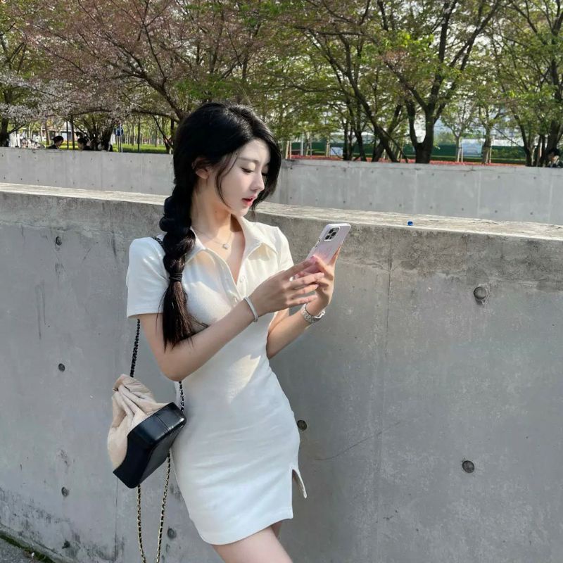 Zero shop????พร้อมส่ง???? (Zero-28068) ชุดเดรส ไหมพรมผ้าร่องคอปกใส่สบาย ดีเทลปลายแหวกเซ็กซี่เบาๆ ...