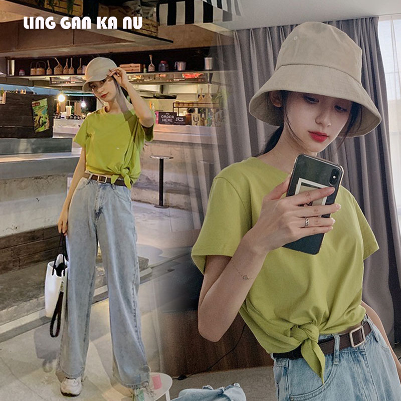 LING GAN KA NU 2022ฤดูร้อนคลาสสิกสีอ่อนกางเกงยีนส์ขากว้างเอวสูงของ ...